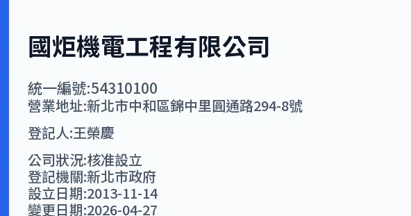 國炬機電工程有限公司的照片-統編 54310100(新北市) 公司登記資料與營業項目詳細圖表