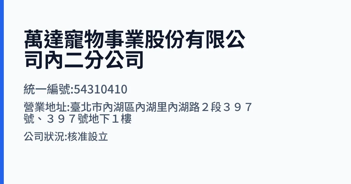 萬達寵物事業股份有限公司內二分公司 - 統編 54310410(臺北市) 公司登記資料與營業項目詳細圖表