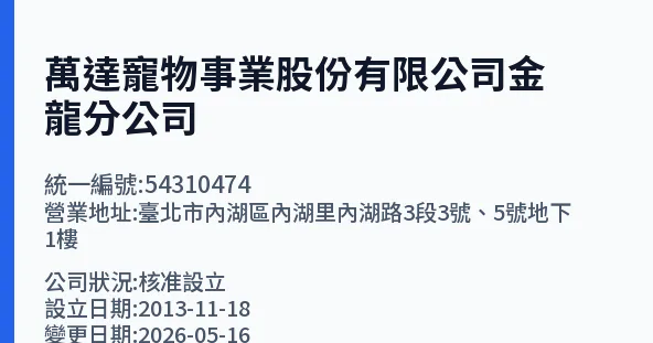 萬達寵物事業股份有限公司金龍分公司的照片-統編 54310474(臺北市) 公司登記資料與營業項目詳細圖表