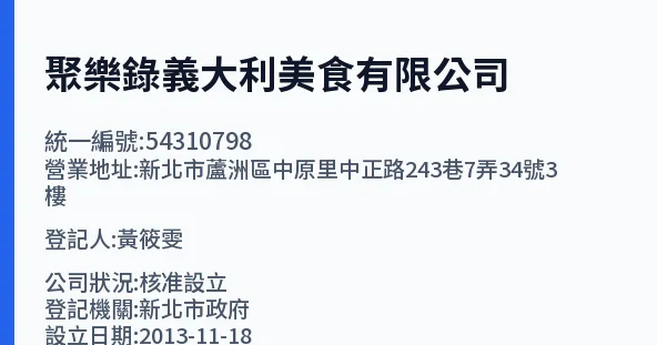 聚樂錄義大利美食有限公司的照片-統編 54310798(新北市) 公司登記資料與營業項目詳細圖表