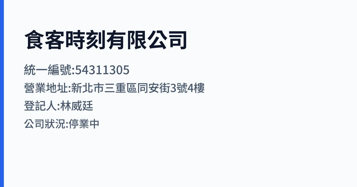 食客時刻有限公司 - 統編 54311305(新北市) 公司登記資料與營業項目詳細圖表