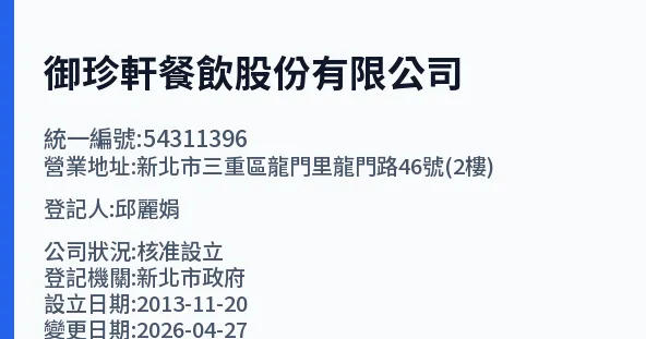御珍軒餐飲股份有限公司的照片-統編 54311396(新北市) 公司登記資料與營業項目詳細圖表