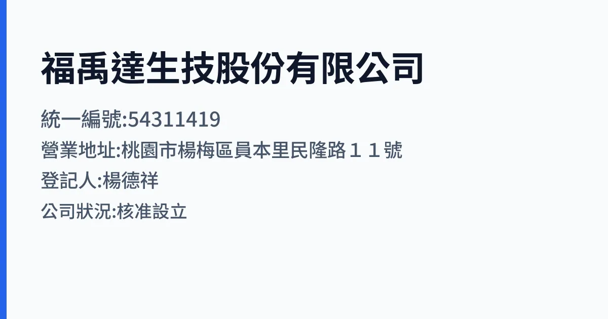 福禹達生技股份有限公司 - 統編 54311419(桃園市) 公司登記資料與營業項目詳細圖表