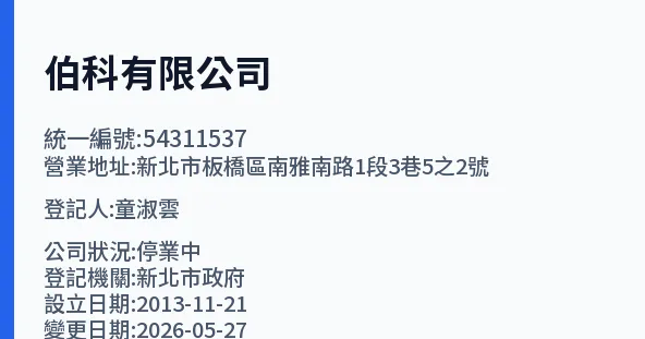 伯科有限公司的照片-統編 54311537(新北市) 公司登記資料與營業項目詳細圖表