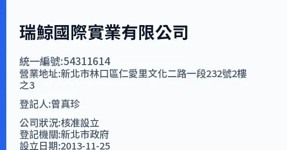 瑞鯨國際實業有限公司的照片-統編 54311614(新北市) 公司登記資料與營業項目詳細圖表