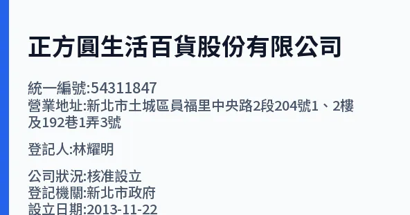 正方圓生活百貨股份有限公司的照片-統編 54311847(新北市) 公司登記資料與營業項目詳細圖表