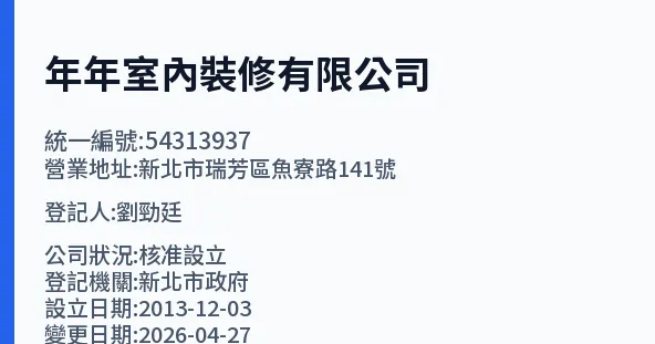 年年室內裝修有限公司的照片-統編 54313937(新北市) 公司登記資料與營業項目詳細圖表