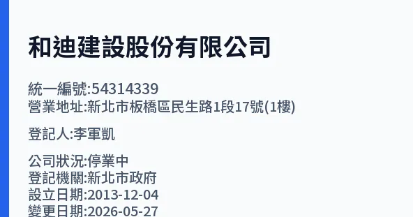 和迪建設股份有限公司的照片-統編 54314339(新北市) 公司登記資料與營業項目詳細圖表
