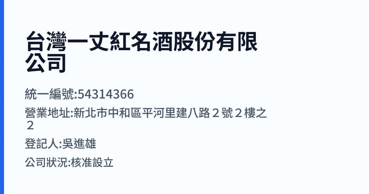 台灣一丈紅名酒股份有限公司 - 統編 54314366(新北市) 公司登記資料與營業項目詳細圖表