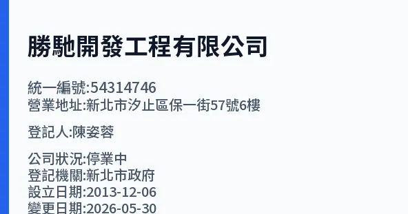 勝馳開發工程有限公司的照片-統編 54314746(新北市) 公司登記資料與營業項目詳細圖表