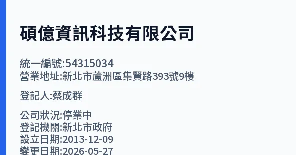 碩億資訊科技有限公司的照片-統編 54315034(新北市) 公司登記資料與營業項目詳細圖表