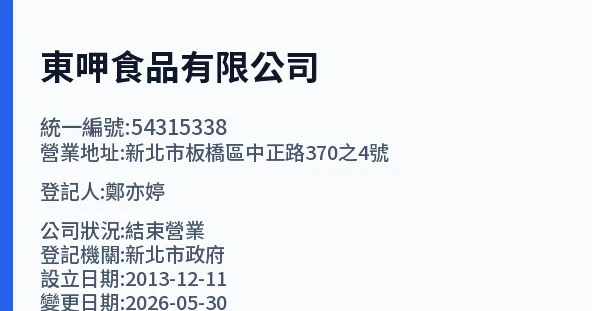東呷食品有限公司的照片-統編 54315338(新北市) 公司登記資料與營業項目詳細圖表