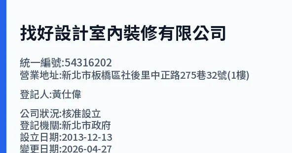 找好設計室內裝修有限公司的照片-統編 54316202(新北市) 公司登記資料與營業項目詳細圖表