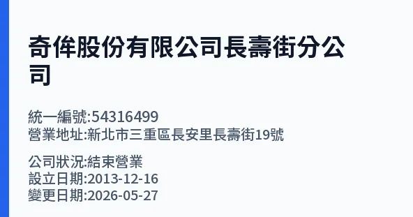 奇侔股份有限公司長壽街分公司的照片-統編 54316499(新北市) 公司登記資料與營業項目詳細圖表
