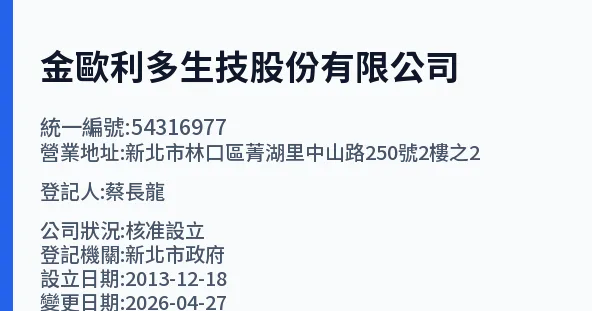 金歐利多生技股份有限公司的照片-統編 54316977(新北市) 公司登記資料與營業項目詳細圖表