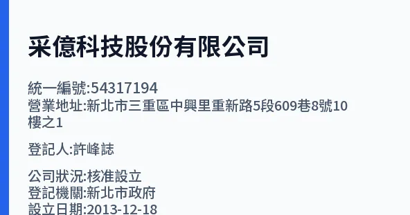 采億科技股份有限公司的照片-統編 54317194(新北市) 公司登記資料與營業項目詳細圖表
