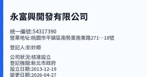 永富興開發有限公司的照片-統編 54317390(桃園市) 公司登記資料與營業項目詳細圖表