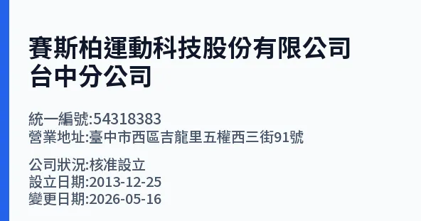 賽斯柏運動科技股份有限公司台中分公司的照片-統編 54318383(臺中市) 公司登記資料與營業項目詳細圖表