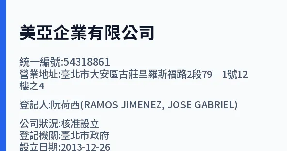 美亞企業有限公司的照片-統編 54318861(臺北市) 公司登記資料與營業項目詳細圖表