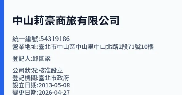 中山莉豪商旅有限公司的照片-統編 54319186(臺北市) 公司登記資料與營業項目詳細圖表