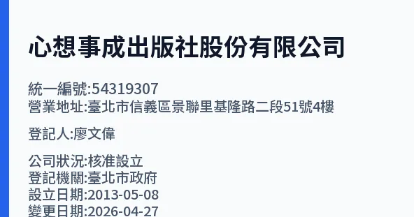 心想事成出版社股份有限公司的照片-統編 54319307(臺北市) 公司登記資料與營業項目詳細圖表