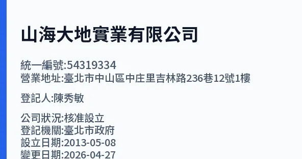 山海大地實業有限公司的照片-統編 54319334(臺北市) 公司登記資料與營業項目詳細圖表