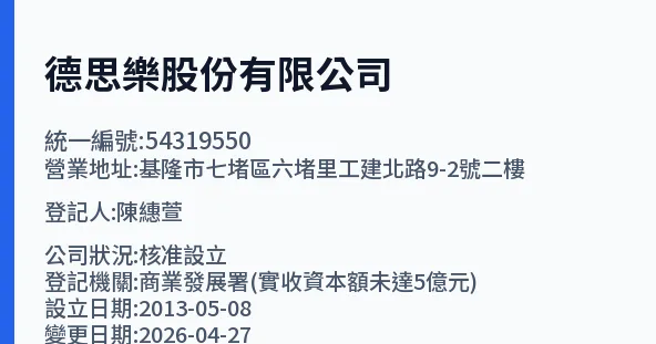 德思樂股份有限公司的照片-統編 54319550(基隆市) 公司登記資料與營業項目詳細圖表