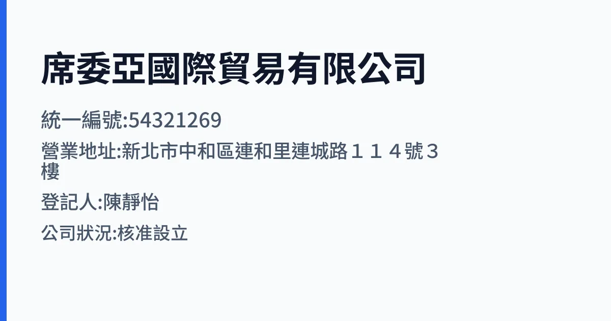 席委亞國際貿易有限公司 - 統編 54321269(新北市) 公司登記資料與營業項目詳細圖表