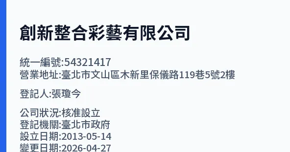 創新整合彩藝有限公司的照片-統編 54321417(臺北市) 公司登記資料與營業項目詳細圖表