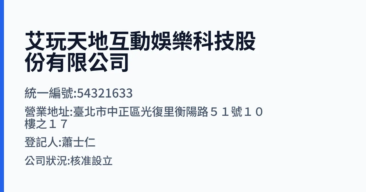 艾玩天地互動娛樂科技股份有限公司 - 統編 54321633(臺北市) 公司登記資料與營業項目詳細圖表