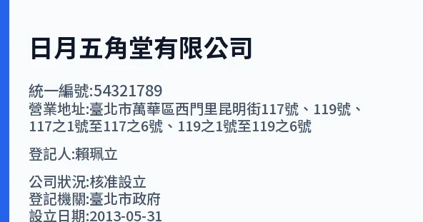 日月五角堂有限公司的照片-統編 54321789(臺北市) 公司登記資料與營業項目詳細圖表