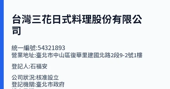 台灣三花日式料理股份有限公司的照片-統編 54321893(臺北市) 公司登記資料與營業項目詳細圖表