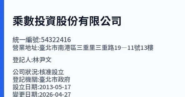 乘數投資股份有限公司的照片-統編 54322416(臺北市) 公司登記資料與營業項目詳細圖表