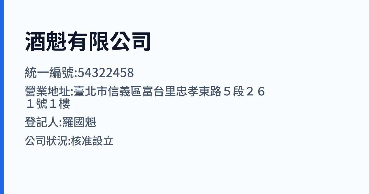 酒魁有限公司 - 統編 54322458(臺北市) 公司登記資料與營業項目詳細圖表