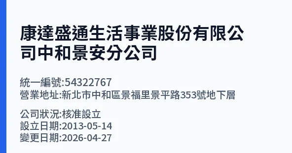 康達盛通生活事業股份有限公司中和景安分公司的照片-統編 54322767(新北市) 公司登記資料與營業項目詳細圖表