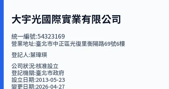 大宇光國際實業有限公司的照片-統編 54323169(臺北市) 公司登記資料與營業項目詳細圖表