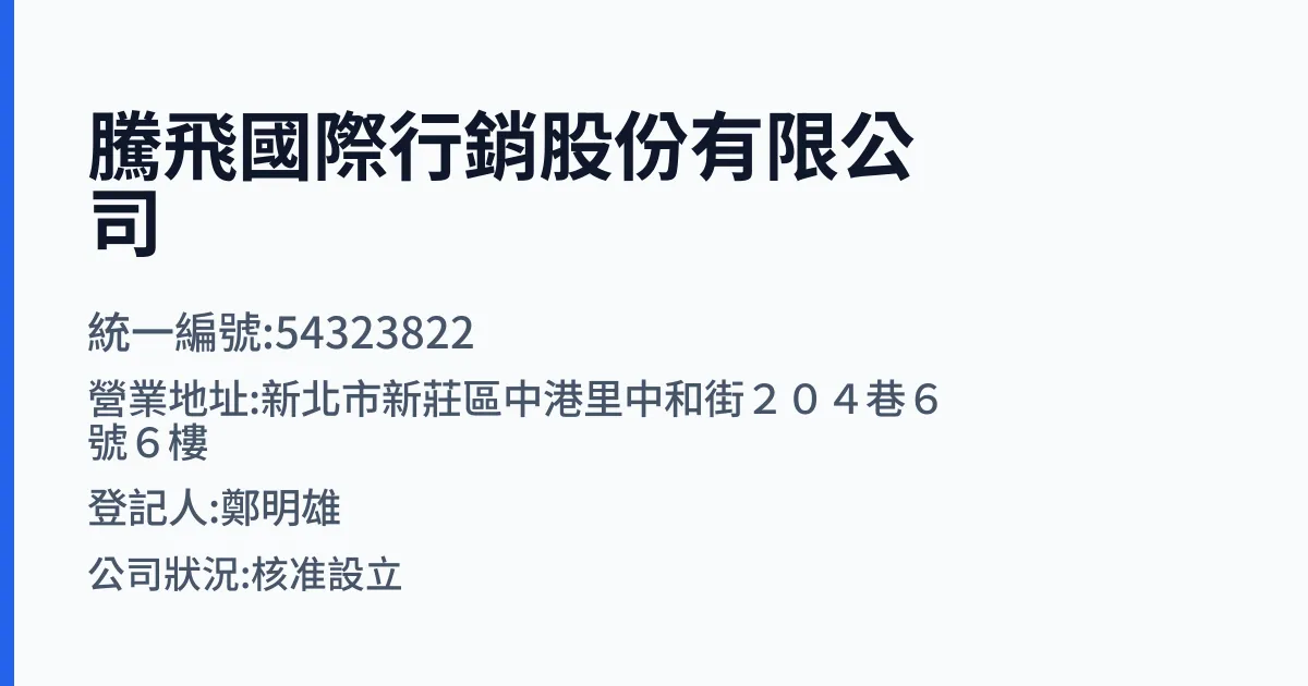 騰飛國際行銷股份有限公司 - 統編 54323822(新北市) 公司登記資料與營業項目詳細圖表