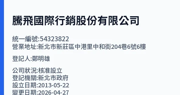 騰飛國際行銷股份有限公司的照片-統編 54323822(新北市) 公司登記資料與營業項目詳細圖表