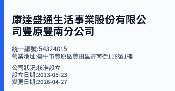 康達盛通生活事業股份有限公司豐原豐南分公司的照片-統編 54324815(臺中市) 公司登記資料與營業項目詳細圖表