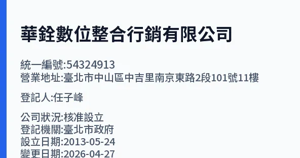 華銓數位整合行銷有限公司的照片-統編 54324913(臺北市) 公司登記資料與營業項目詳細圖表