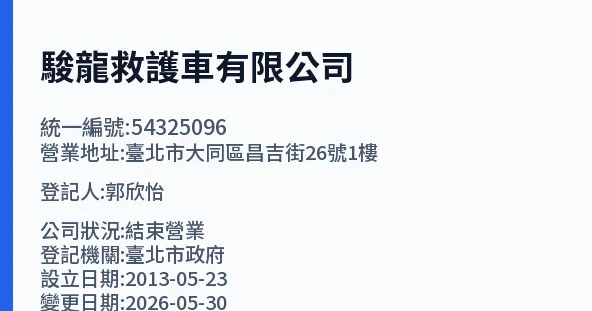 駿龍救護車有限公司的照片-統編 54325096(臺北市) 公司登記資料與營業項目詳細圖表