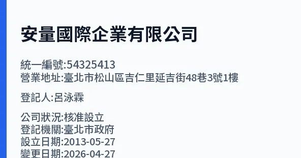 安量國際企業有限公司的照片-統編 54325413(臺北市) 公司登記資料與營業項目詳細圖表