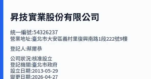 昇技實業股份有限公司的照片-統編 54326237(臺北市) 公司登記資料與營業項目詳細圖表