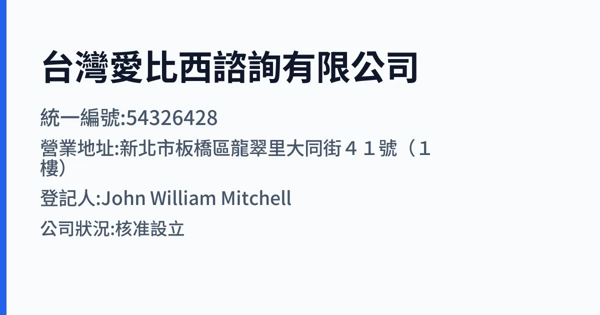 台灣愛比西諮詢有限公司 - 統編 54326428(新北市) 公司登記資料與營業項目詳細圖表