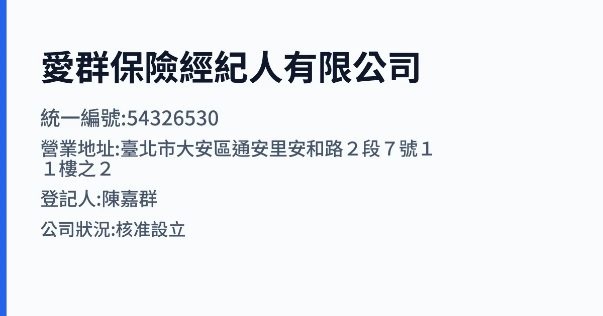 愛群保險經紀人有限公司 - 統編 54326530(臺北市) 公司登記資料與營業項目詳細圖表