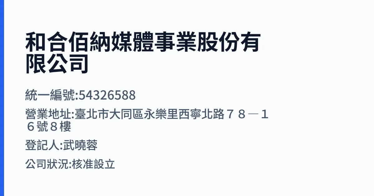 和合佰納媒體事業股份有限公司 - 統編 54326588(臺北市) 公司登記資料與營業項目詳細圖表