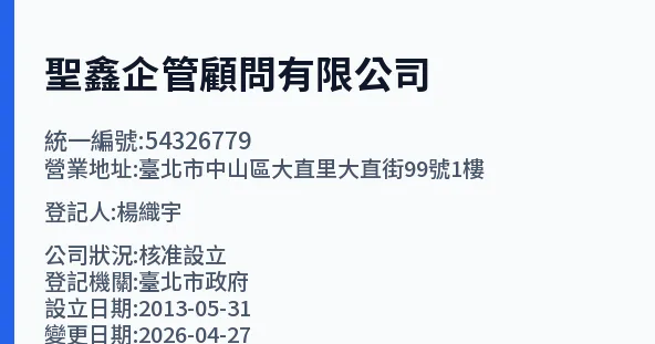 聖鑫企管顧問有限公司的照片-統編 54326779(臺北市) 公司登記資料與營業項目詳細圖表