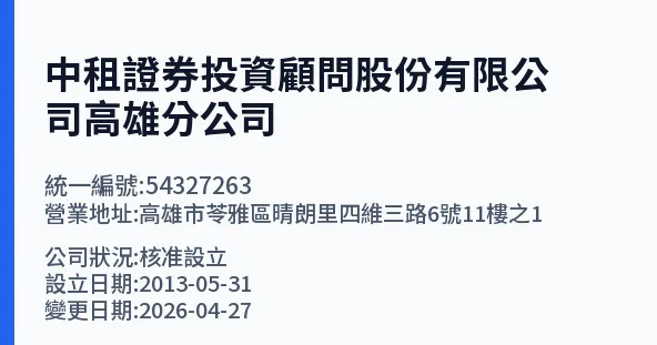中租證券投資顧問股份有限公司高雄分公司的照片-統編 54327263(高雄市) 公司登記資料與營業項目詳細圖表