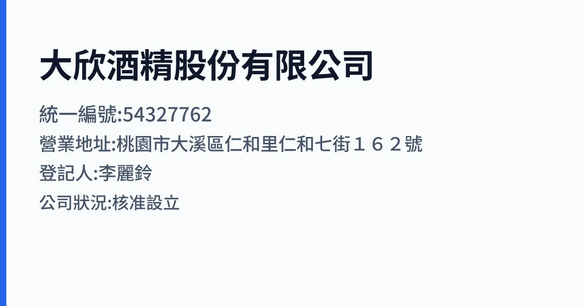 大欣酒精股份有限公司 - 統編 54327762(桃園市) 公司登記資料與營業項目詳細圖表