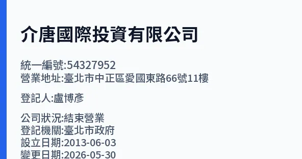 介唐國際投資有限公司的照片-統編 54327952(臺北市) 公司登記資料與營業項目詳細圖表